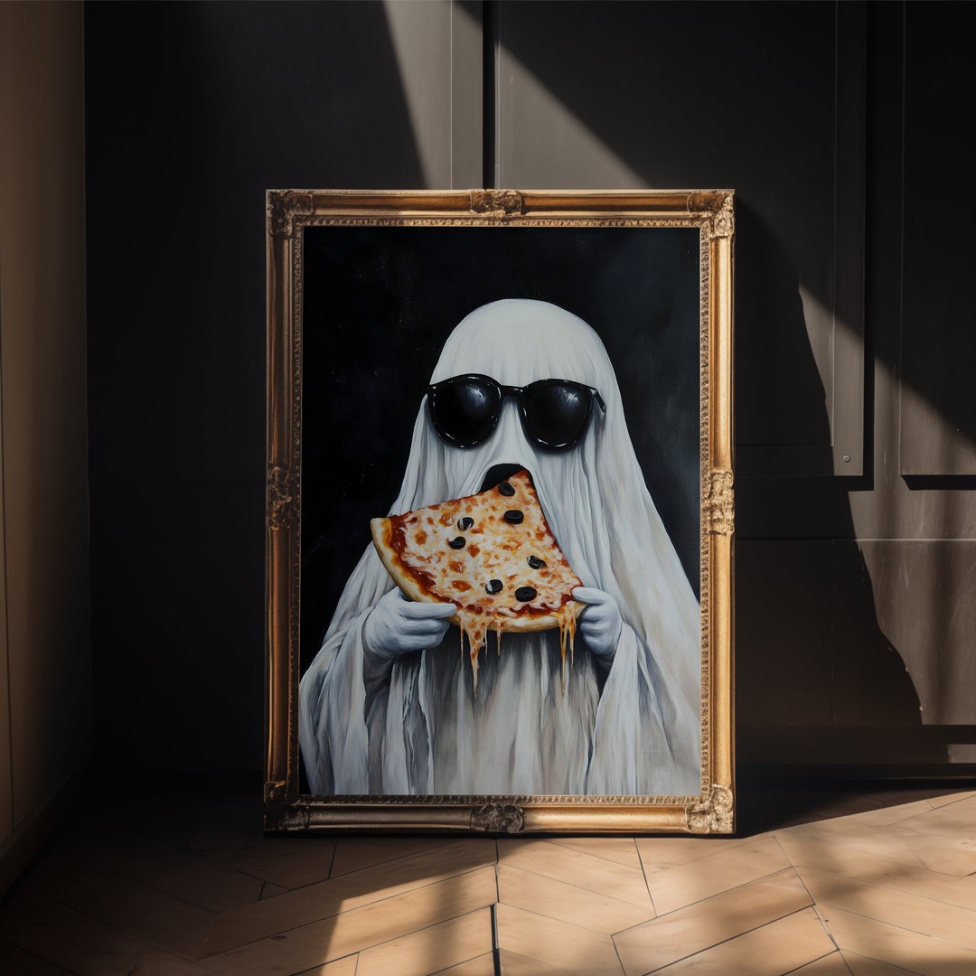 Cool Ghost Eating Pizza Print, Spooky Halloween Wall Art, Funny Cafe ...