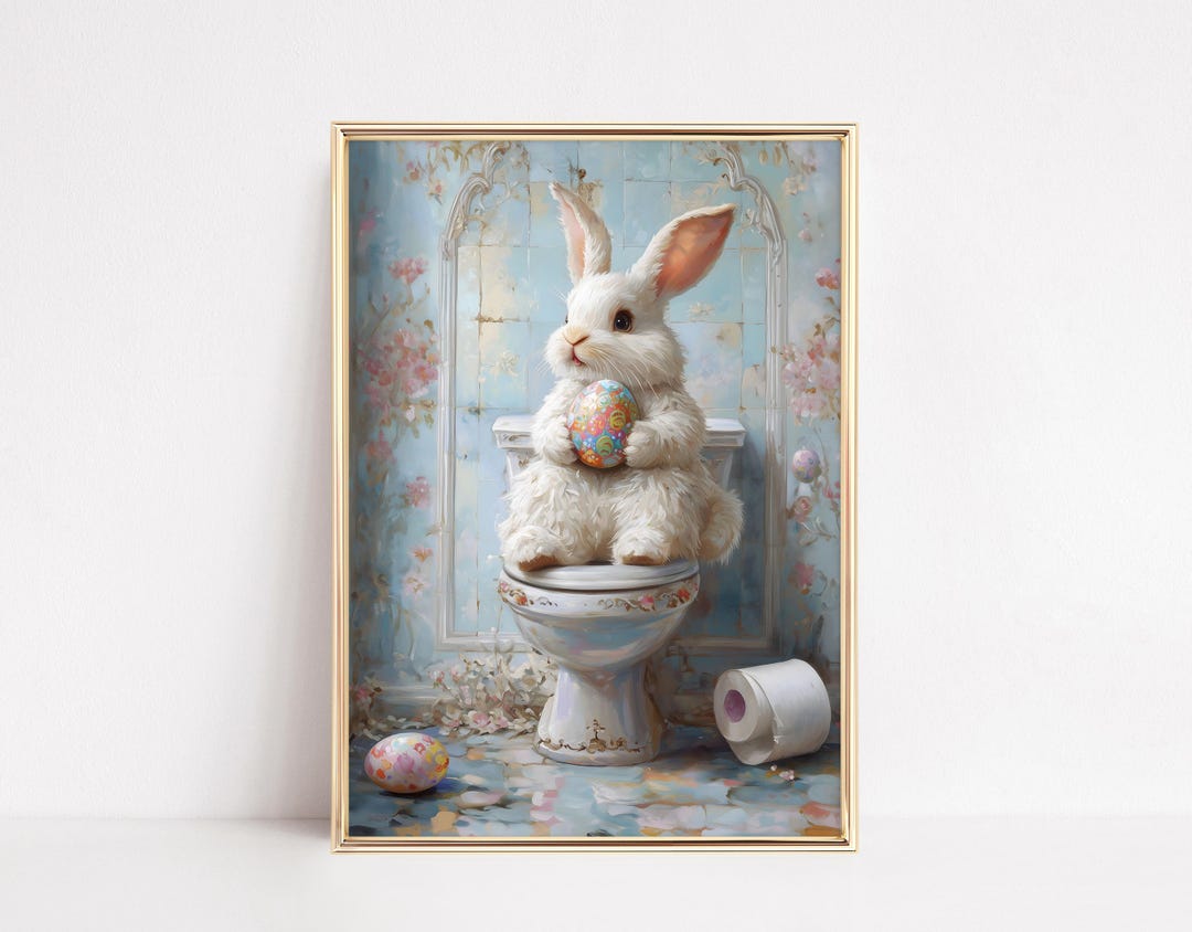 Funny Bunny on Toilet Easter Poster, Humorous Bathroom Wall Art, Easter ...