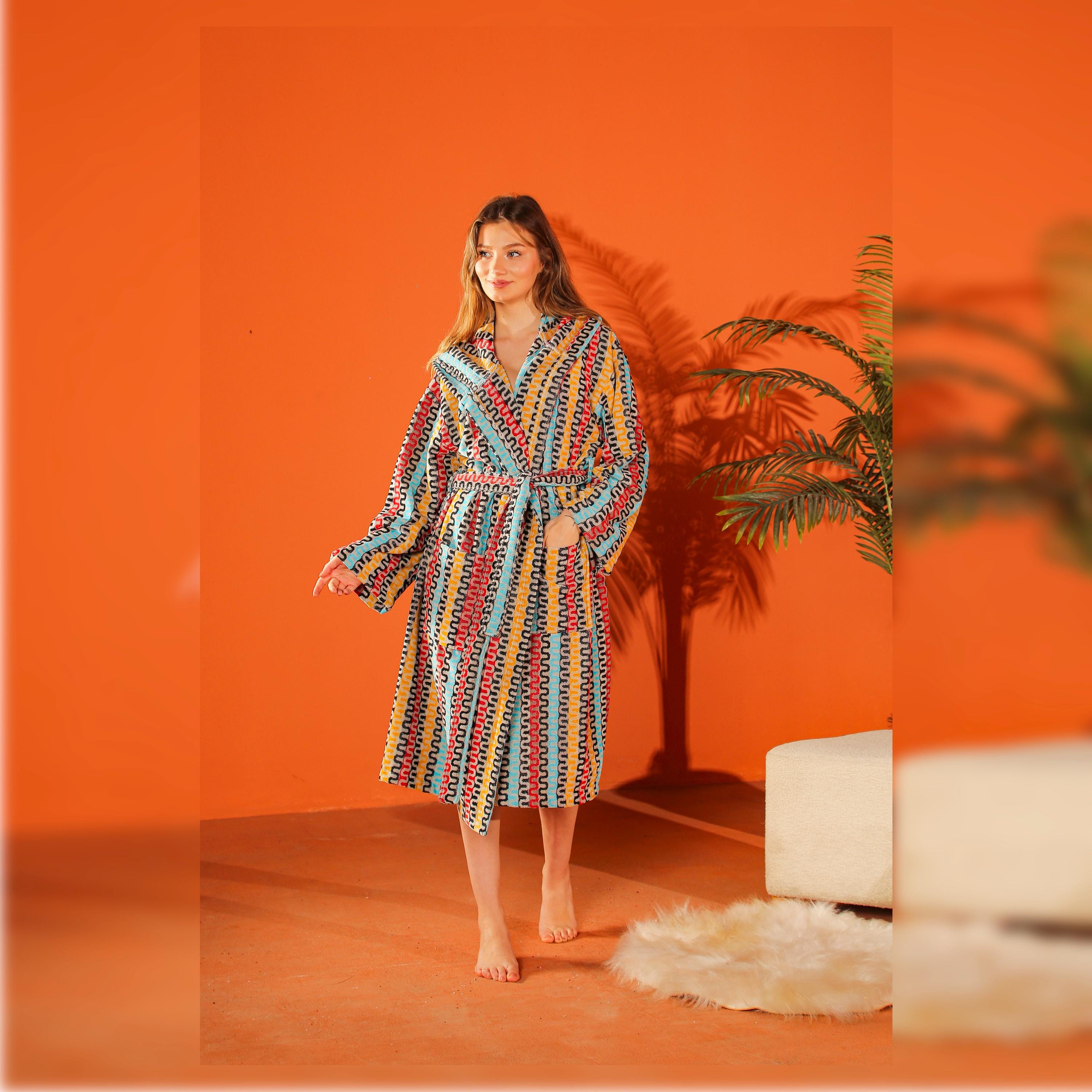Hooded Cotton Robe: Multicolor Zigzag Bathrobe - Cozy Loungewear - Etsy