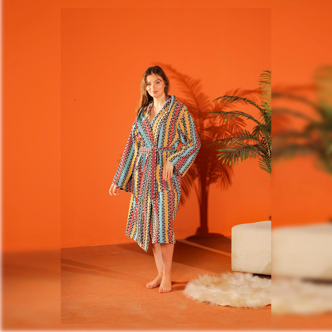 Hooded Cotton Robe: Multicolor Zigzag Bathrobe - Cozy Loungewear - Etsy