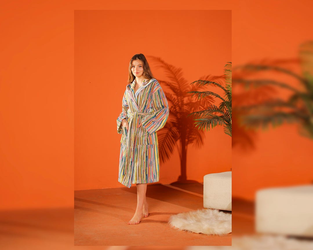 Colourful Hooded Bathrobe for Women – Boho Cotton Robe With Belt and ...