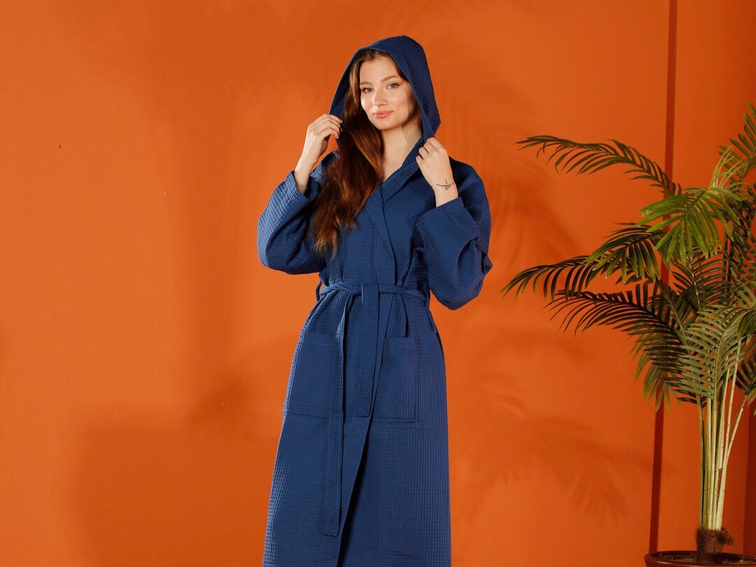 Cotton Waffle Navy Bathrobe: Organic Hooded Dressing Gown - Etsy