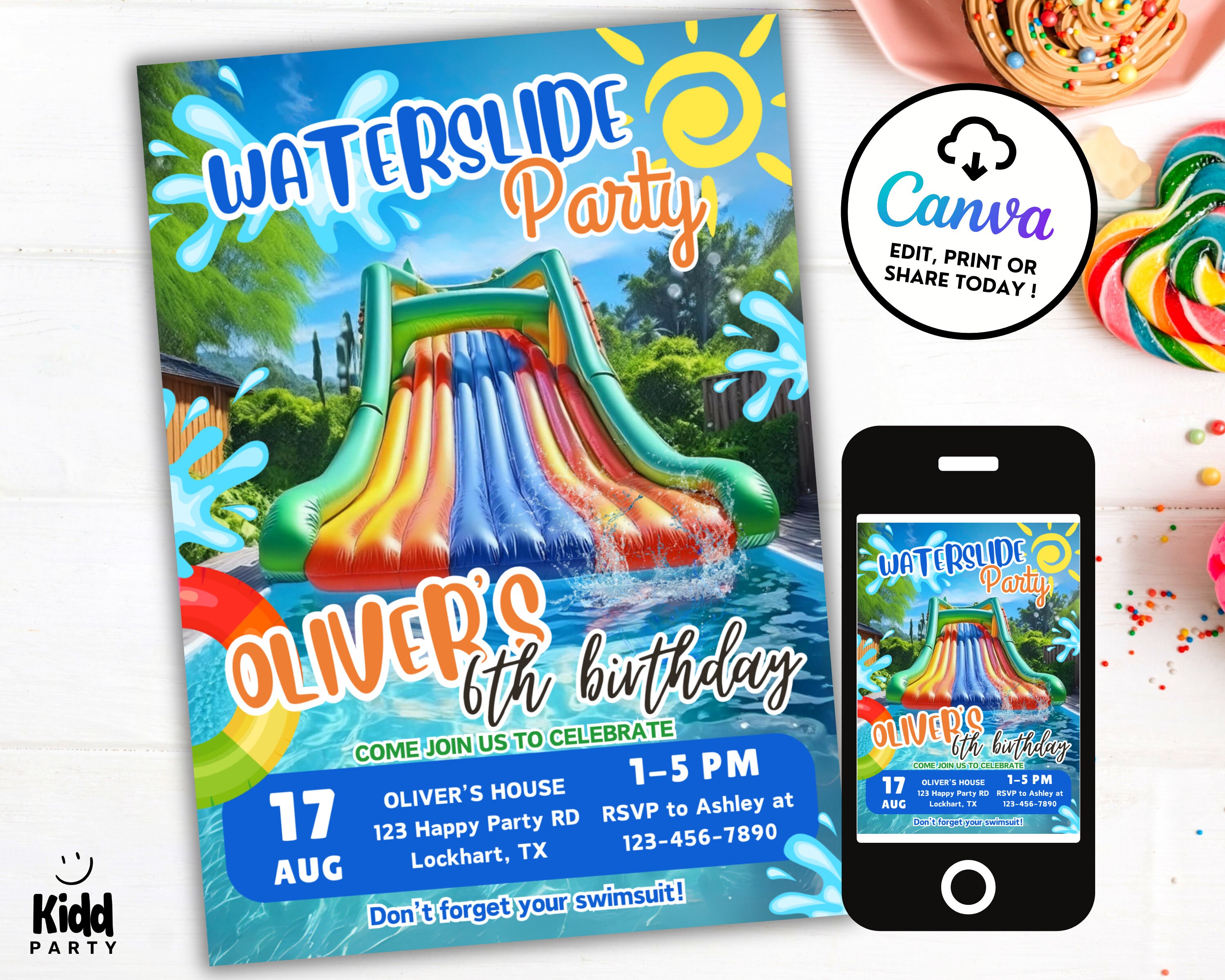 Editable Waterslide Birthday Invitation Summer Pool Party Splash ...