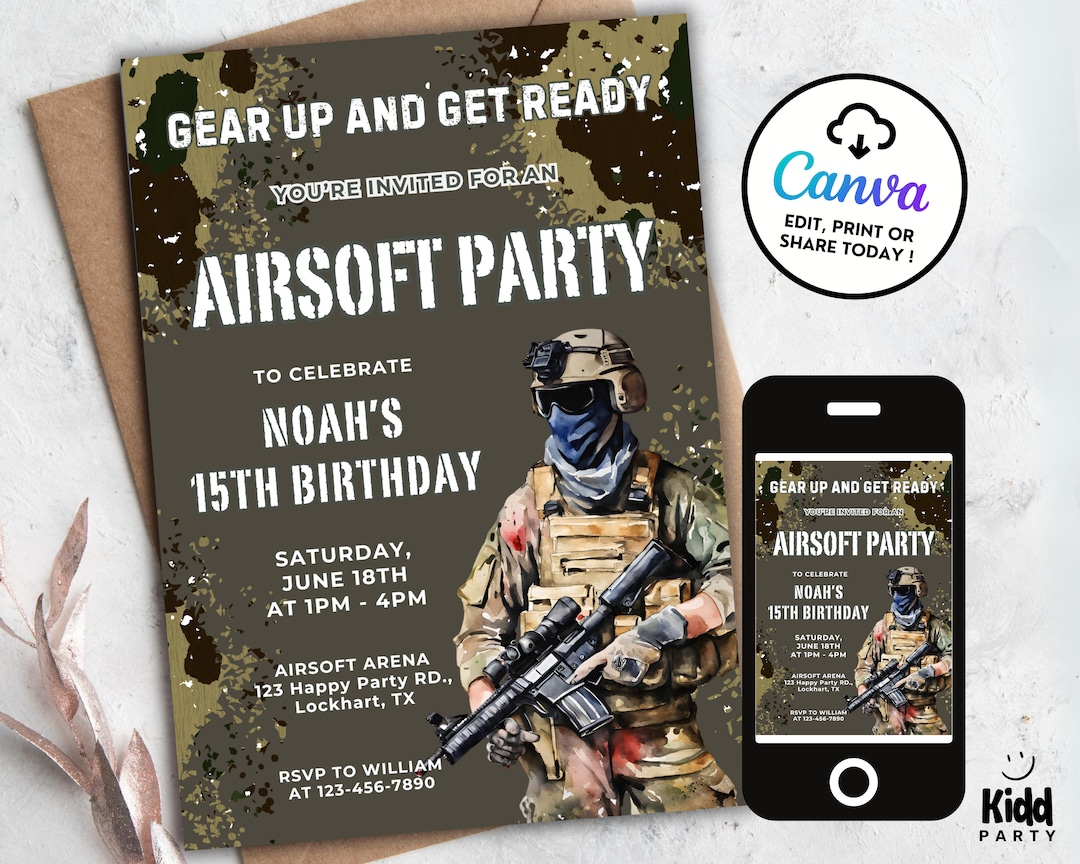 Editable Airsoft Party Invitation, Camo Military Birthday, Airsoft Game ...