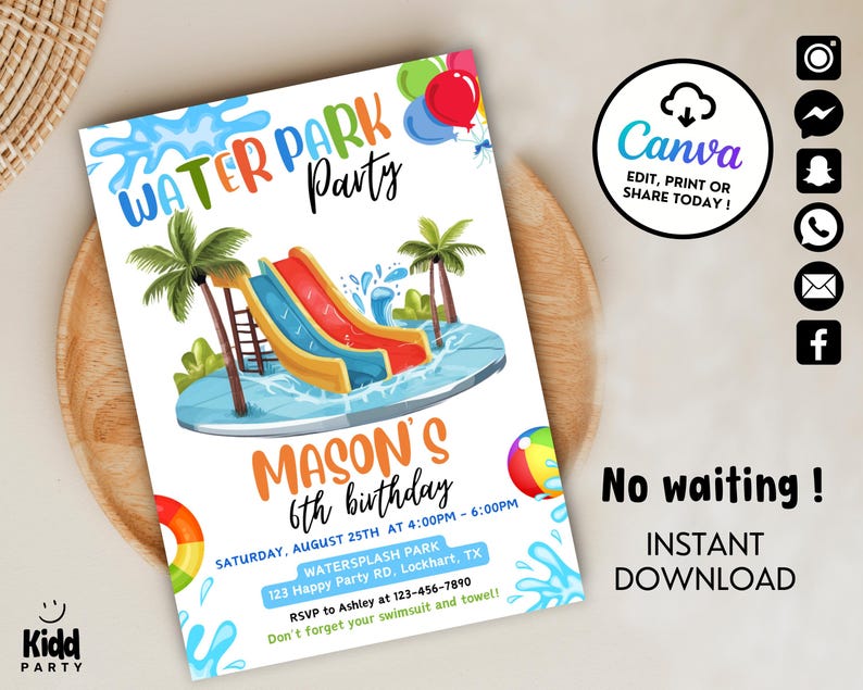 Water Park Birthday Party Invitation, Water Park Invite, Waterslide ...