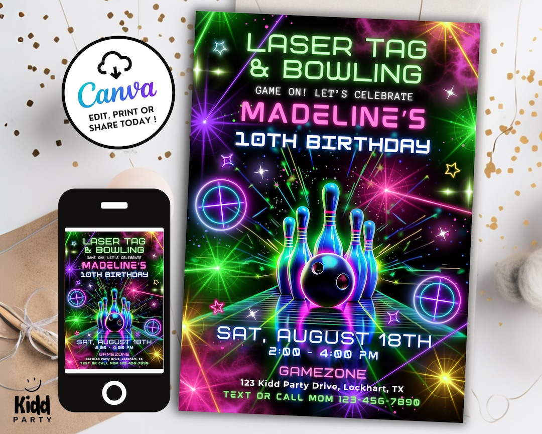 Laser Tag Bowling Birthday Invitation, Girl Laser Tag Invite, Neon ...