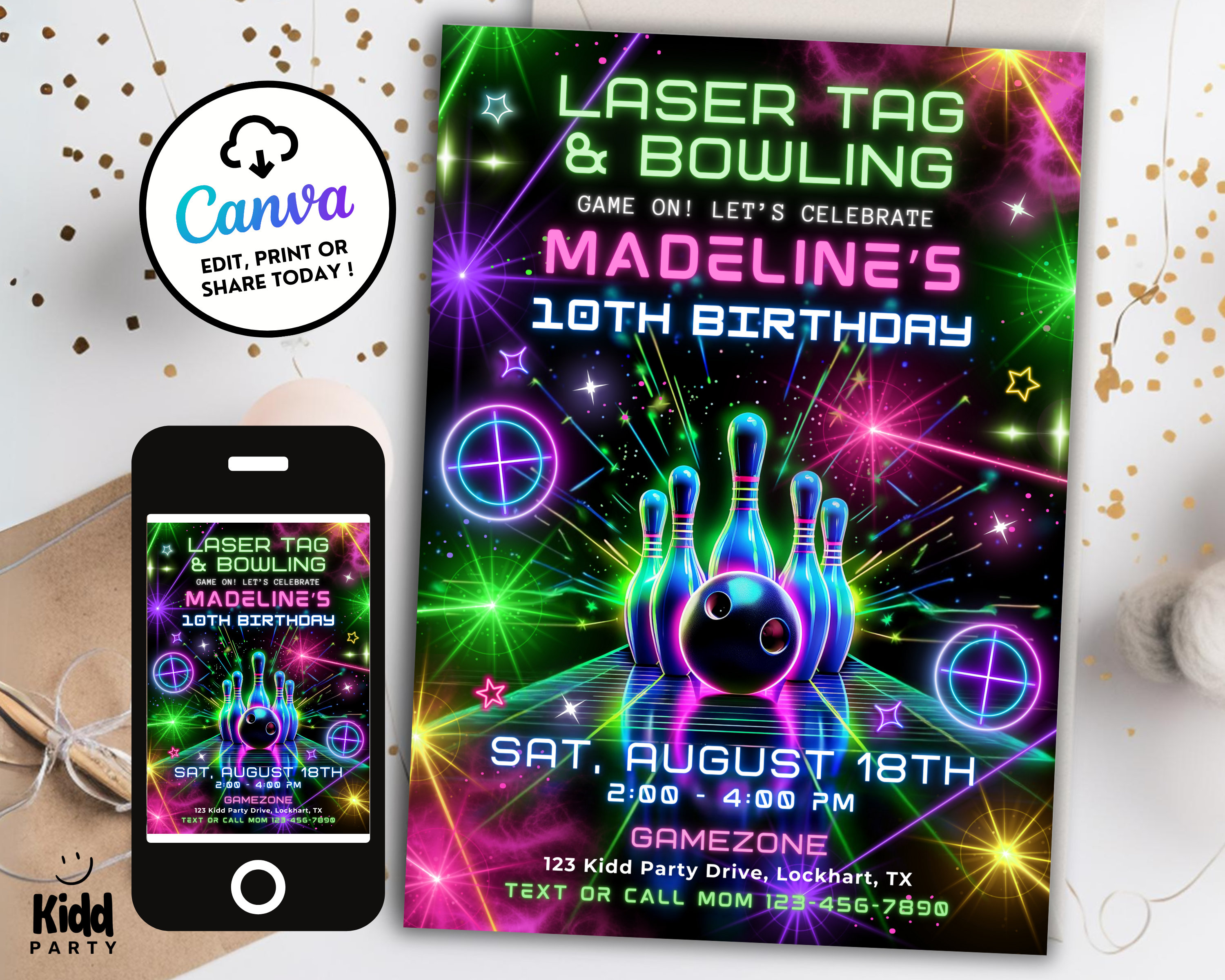 Laser Tag Bowling Birthday Invitation, Girl Laser Tag Invite, Neon ...
