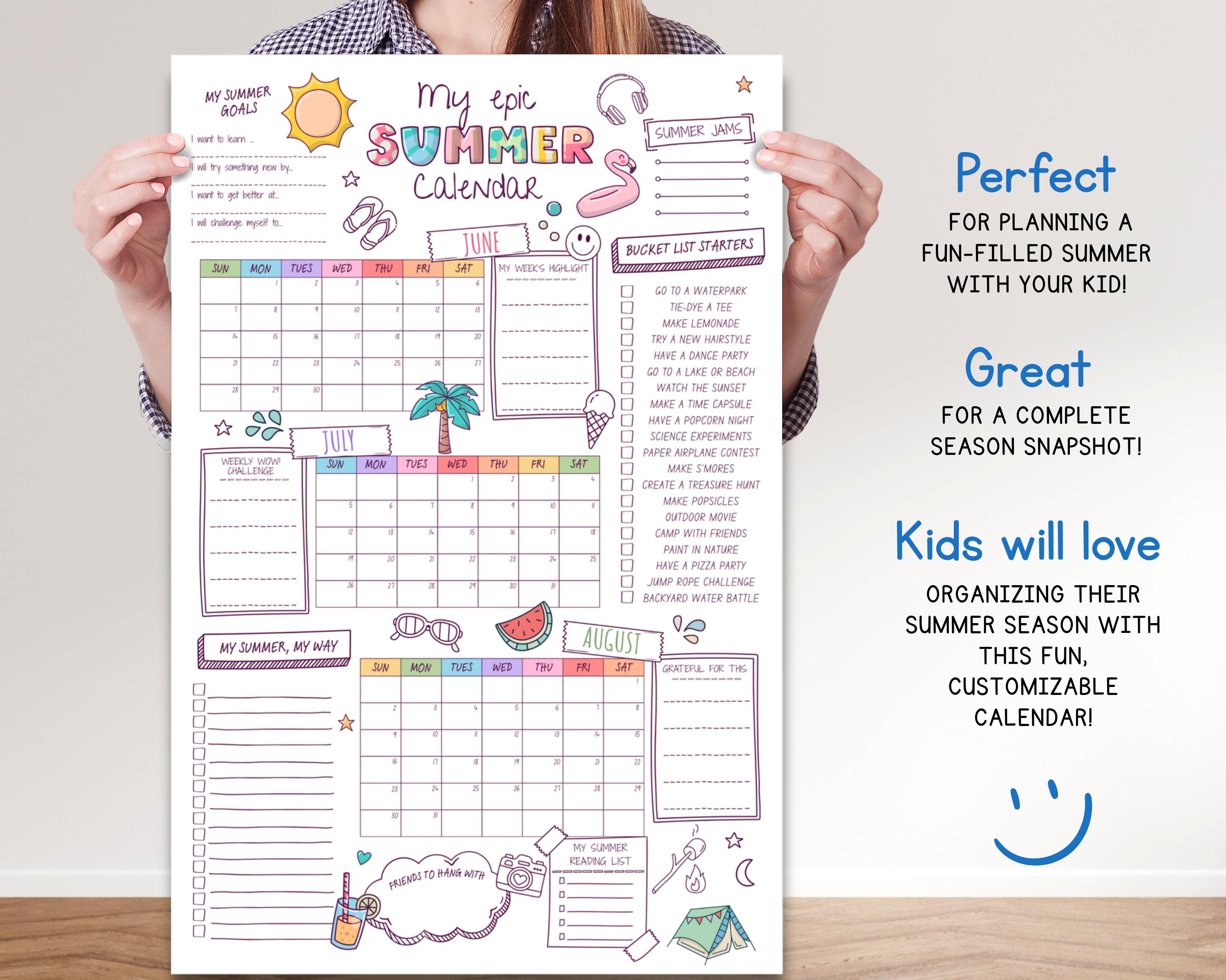 Editable Summer Calendar Poster, Printable 2026 Summer Bucket List ...