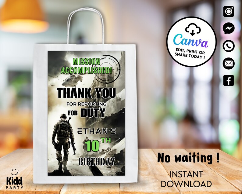 Call of Duty Gift Bag Label Military Goodie Bag Airsoft Party Favor Tag ...