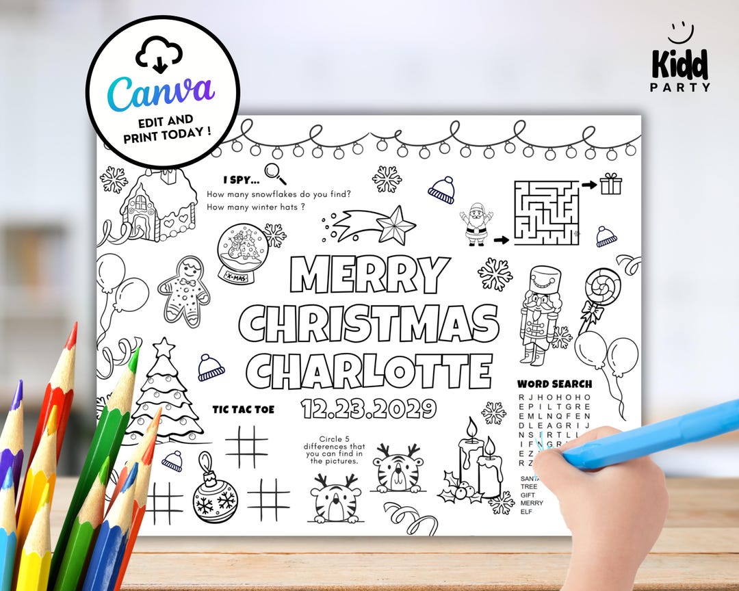 Editable Christmas Party Activity Mat, Kid Placemat, Christmas Party ...
