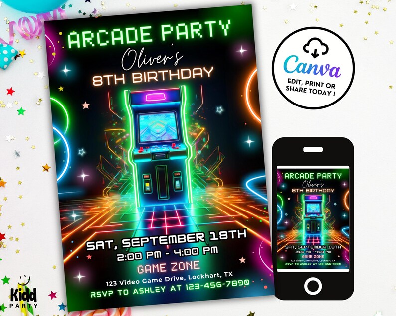 Editable Arcade Birthday Party Invitation, Arcade Party Invite, Glow in ...
