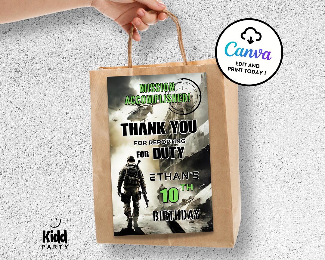 Editable Military Gift Bag Label, Calling All Soldiers Birthday Favor ...