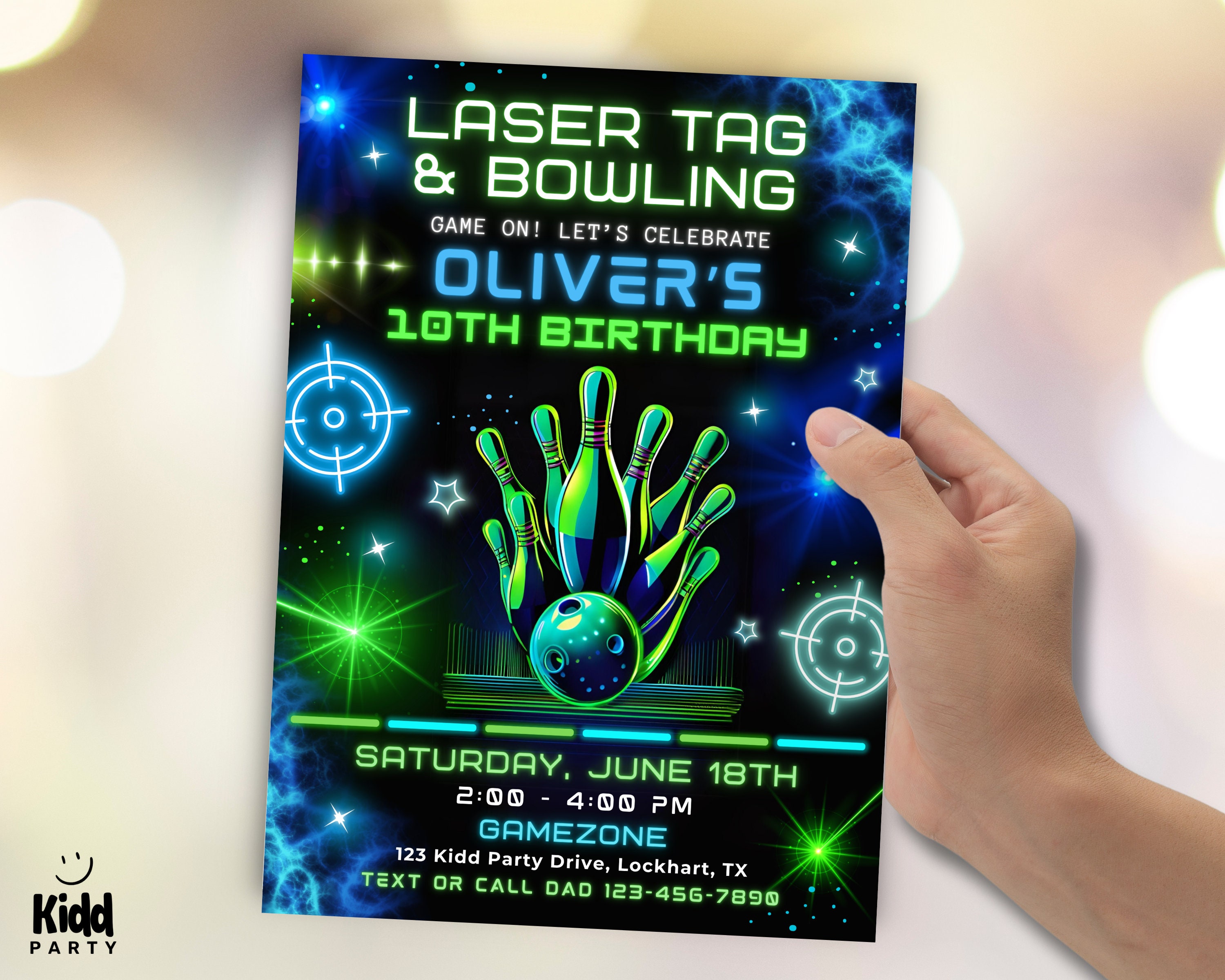 Laser Tag Bowling Birthday Invitation, Glow Laser Tag Invite, Neon ...