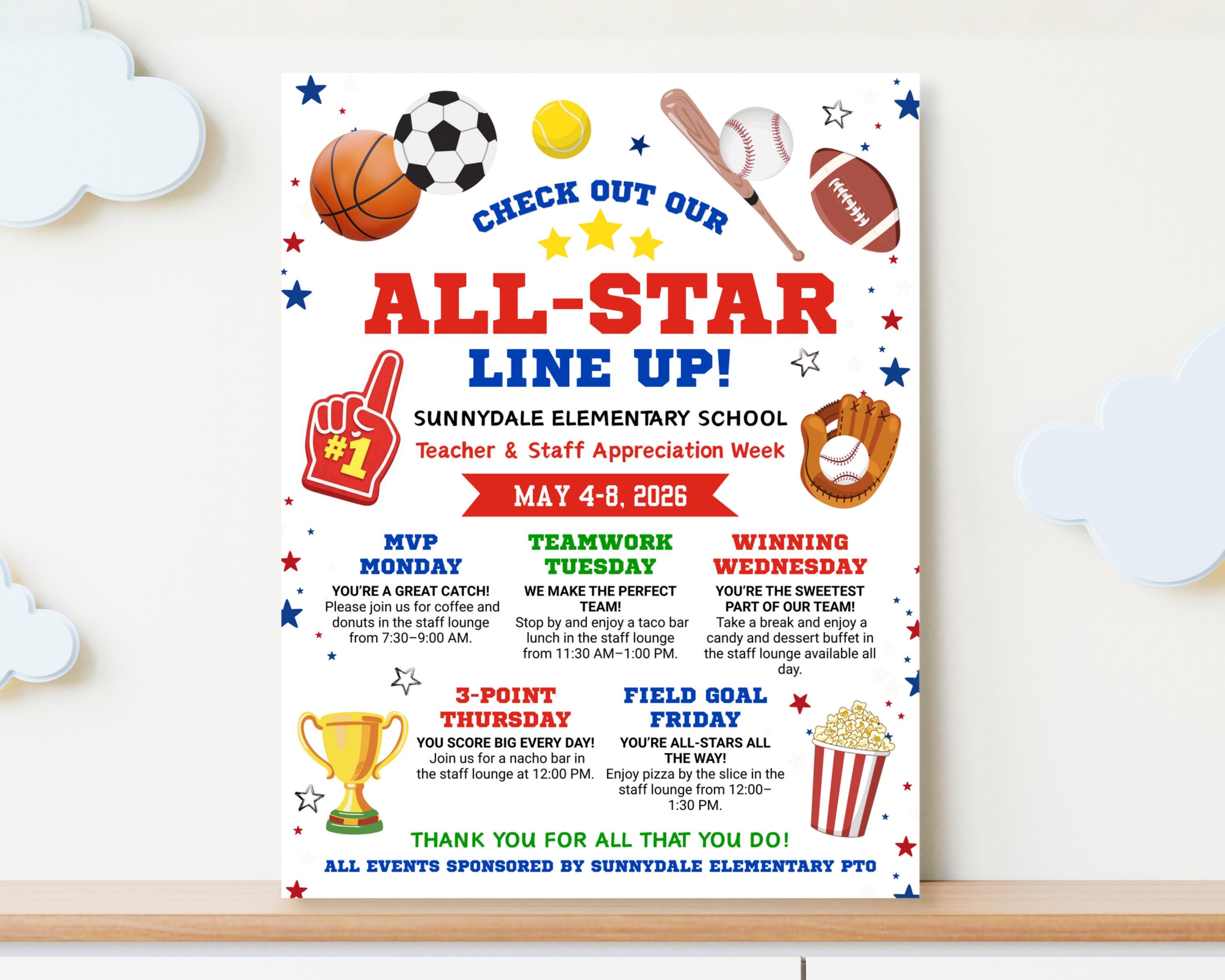 Editable Sports All Star Vip Teacher Appreciation Week Itinerary Poster ...