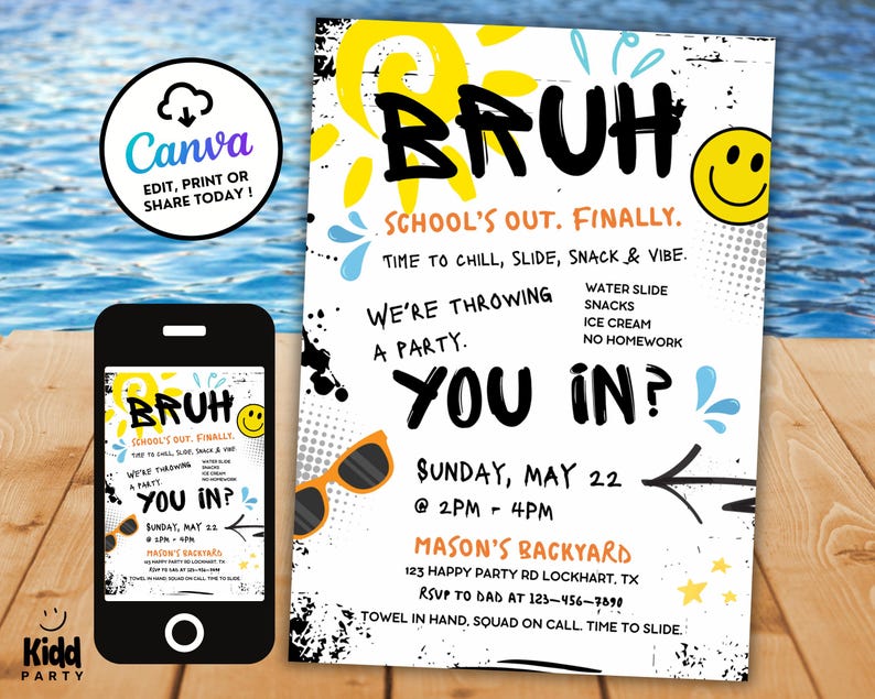 Bruh School's Out Invite, Bruh We Out Invitation Bruh Pool Party ...