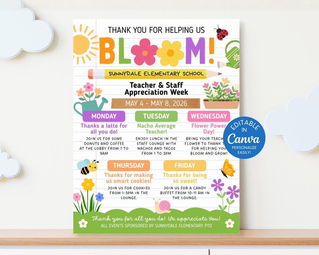 Teacher Appreciation Week Itinerary Poster, Help Us Bloom, Editable ...