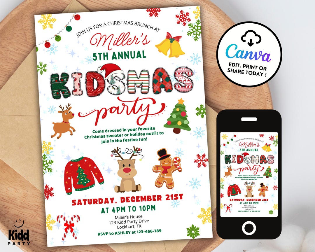 Editable Kidsmas Christmas Invitation, Kids Holiday Party Invitation ...