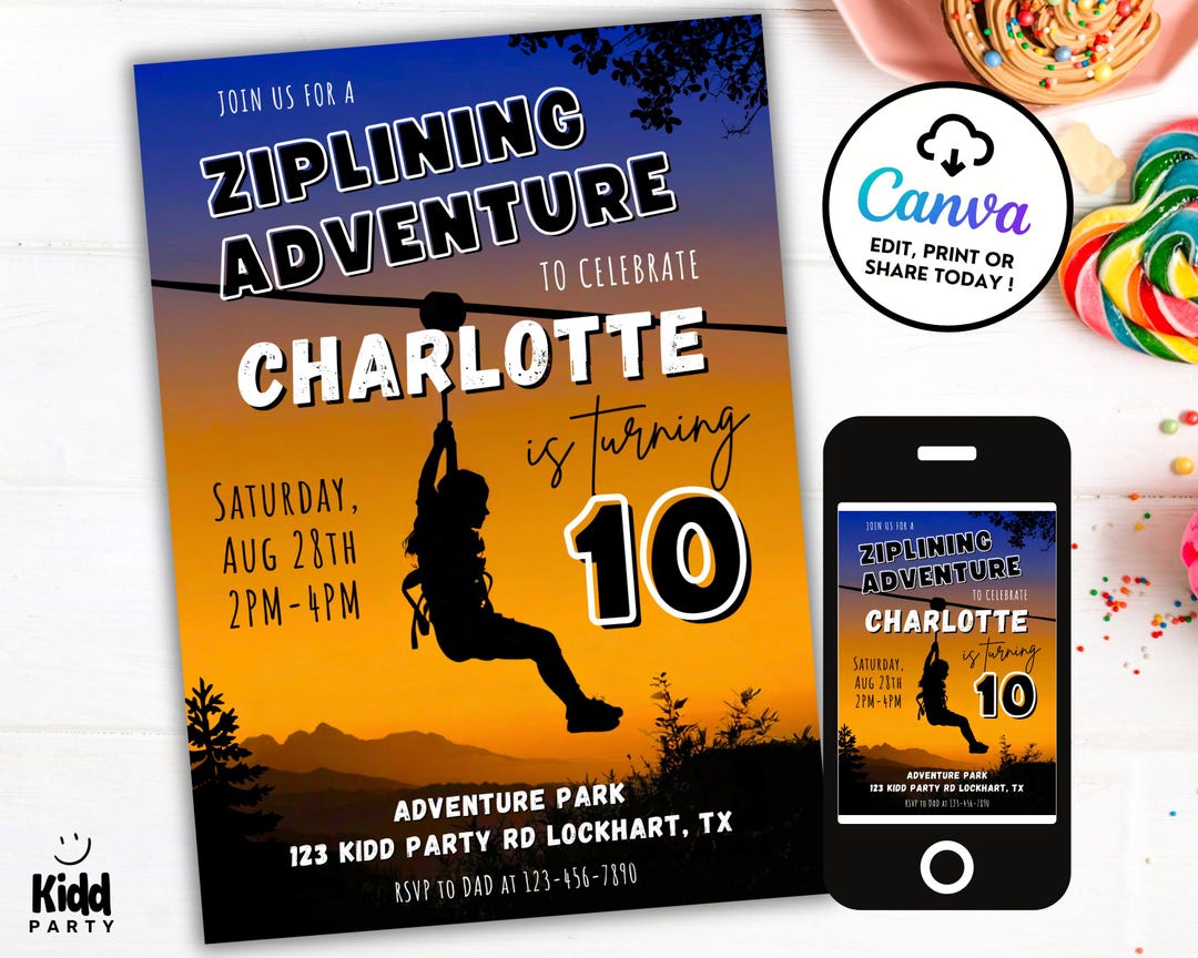 Zipline Invitation, Zip Line Invitation, Ziplining Birthday Invitation ...