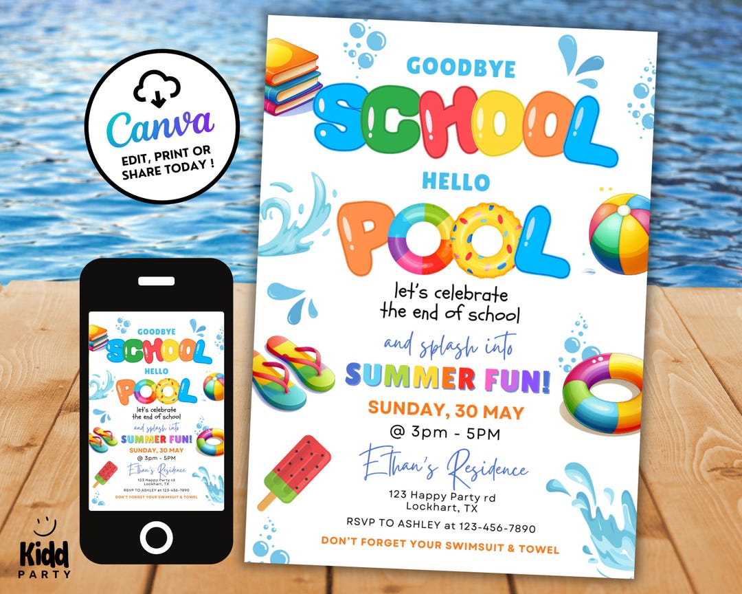 Goodbye School Hello Pool Invitation, End of School Pool Party ...