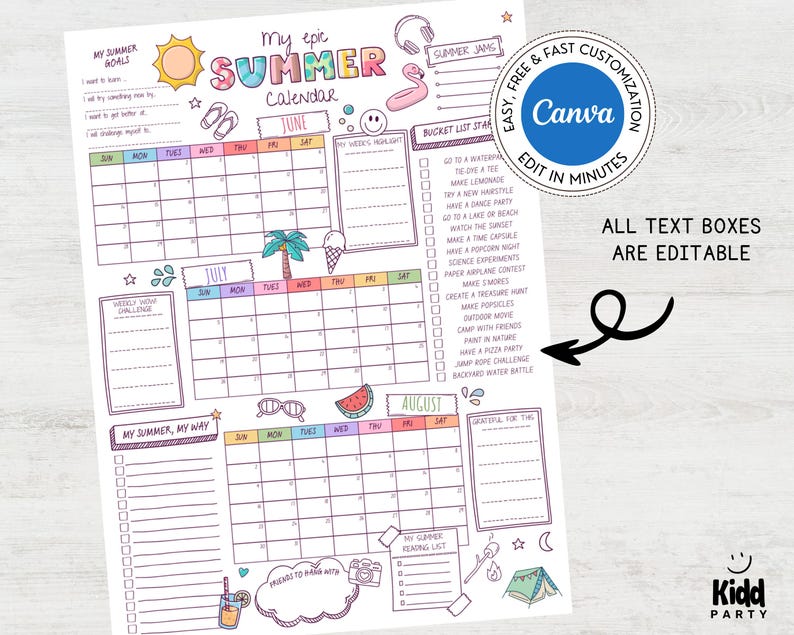 Editable Summer Calendar Poster, Printable 2026 Summer Bucket List ...