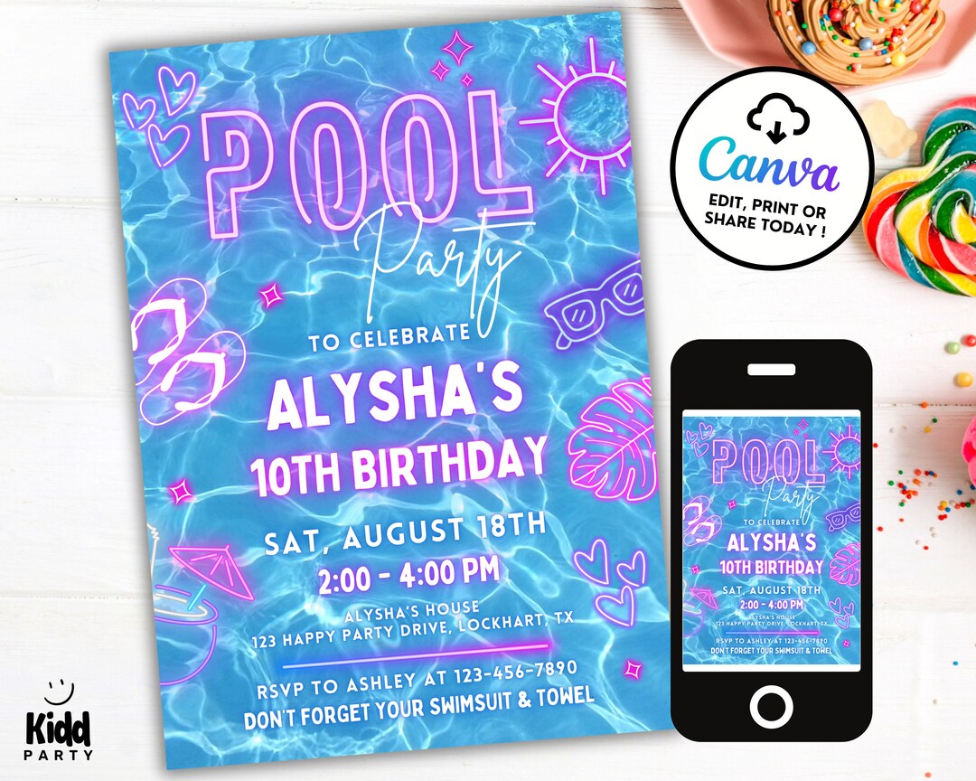 Neon Pool Party Birthday Invitation, Pink Summer Pool Party, Tropical ...