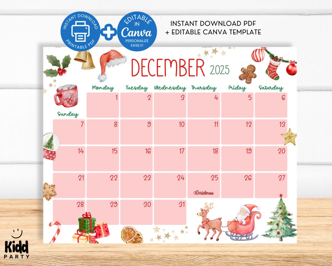 Editable December 2025 Calendar, Kids Christmas Calendar, Printable ...