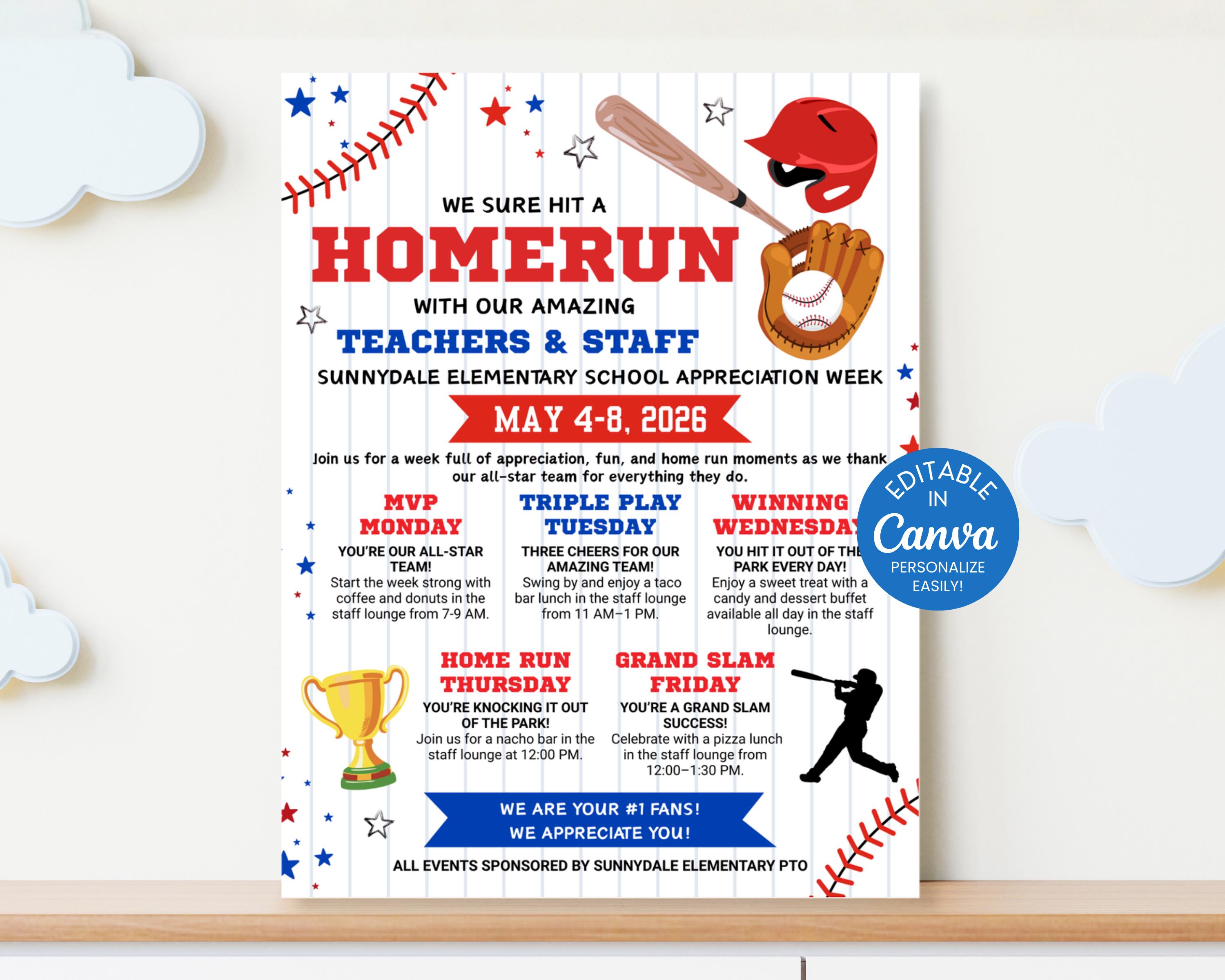 Baseball Teacher Appreciation Week Itinerary Flyer, You're a Home Run ...