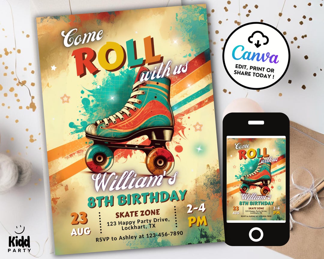 Editable Roller Skating Invitation, Roller Skate Birthday Party ...