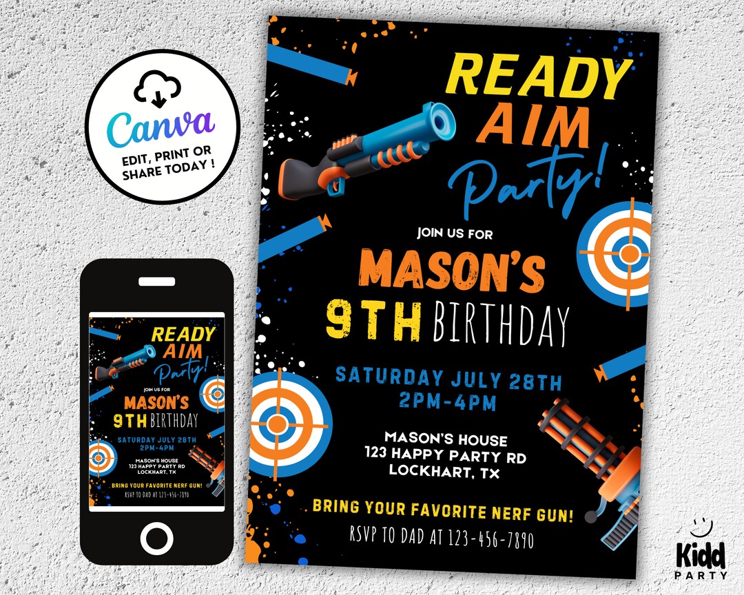 Editable Dart Guns Birthday Party Invitation, Dart Gun Party, Boy ...