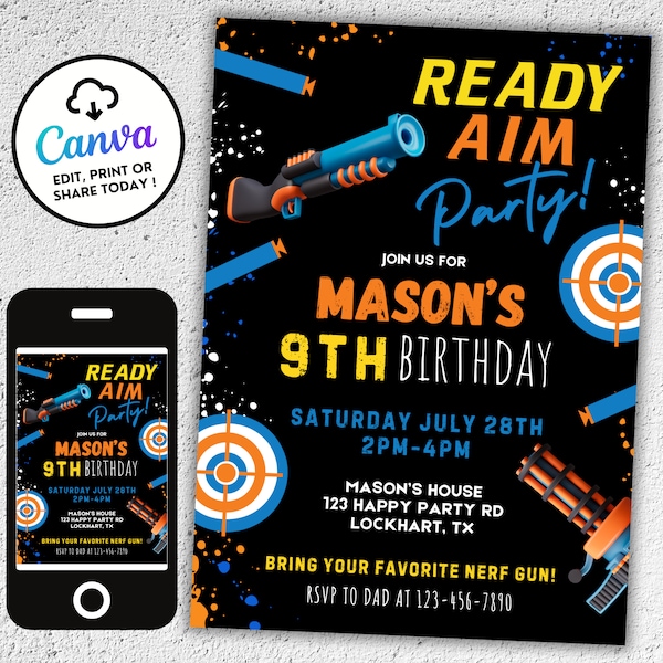 Nerf Birthday Invitations - Etsy