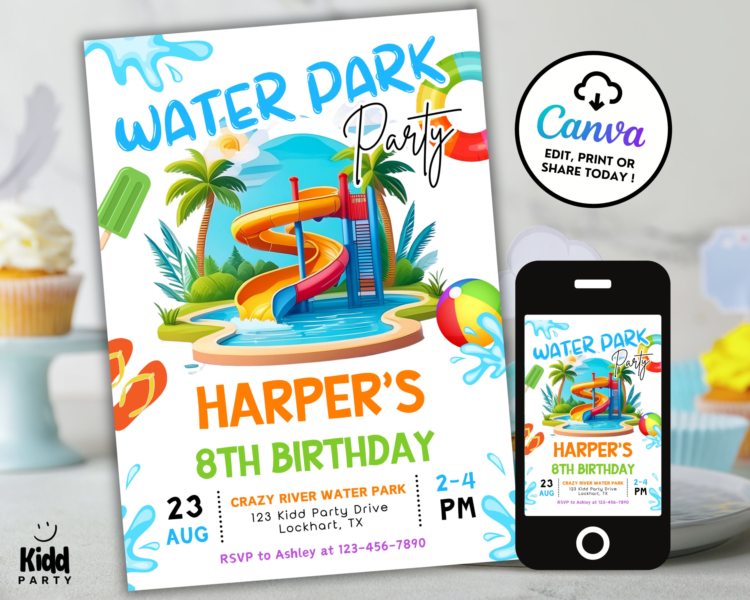 Water Park Birthday Party Invitation, Water Park Invite, Waterslide ...