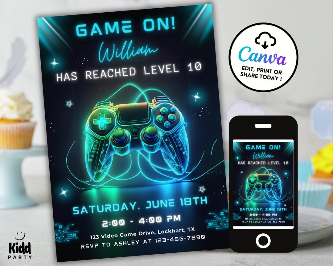 Editable Video Game Birthday Invitation, Gamer Party Canva Invite, Game ...