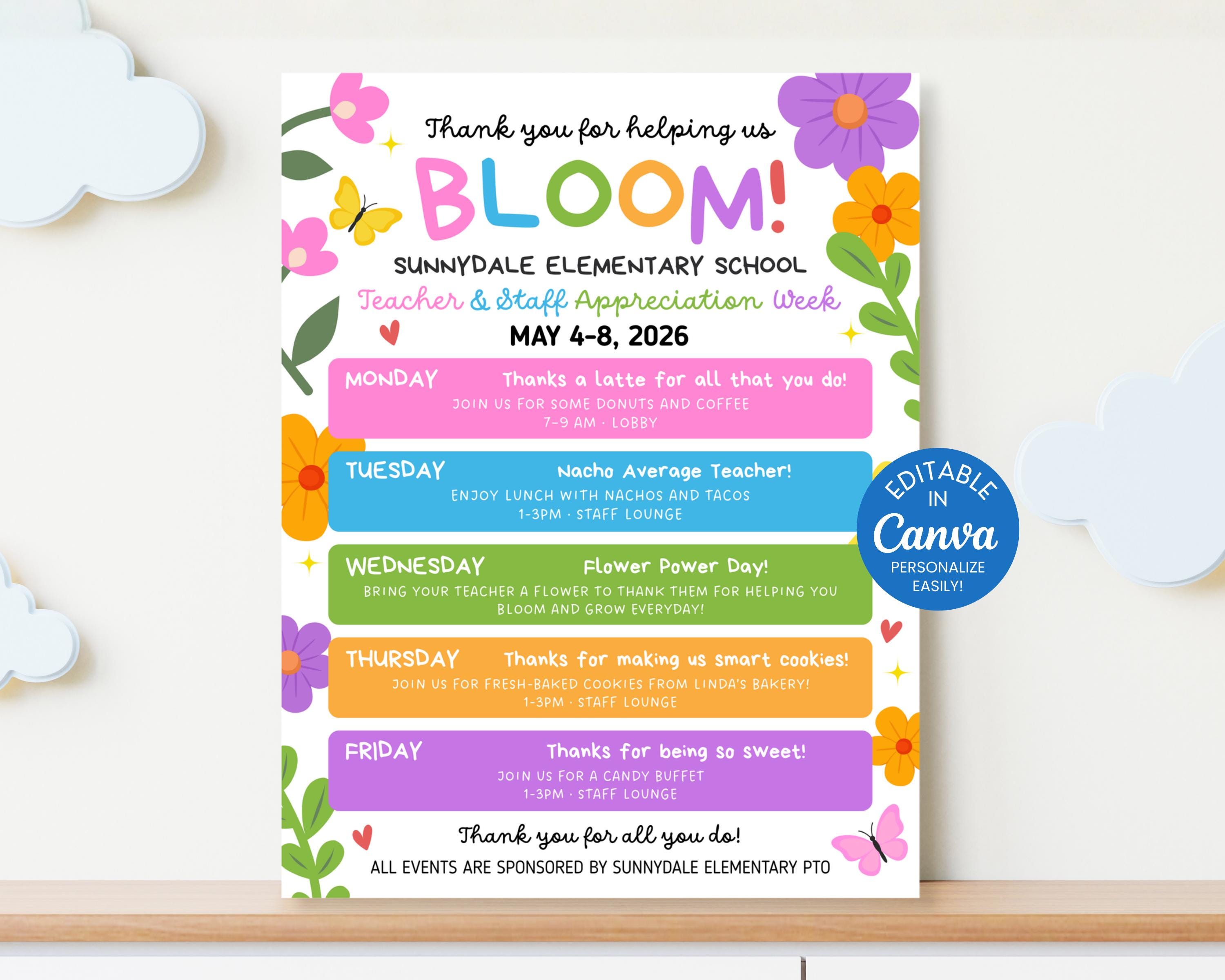 Editable Floral Teacher and Staff Appreciation Week Flyer Itinerary ...
