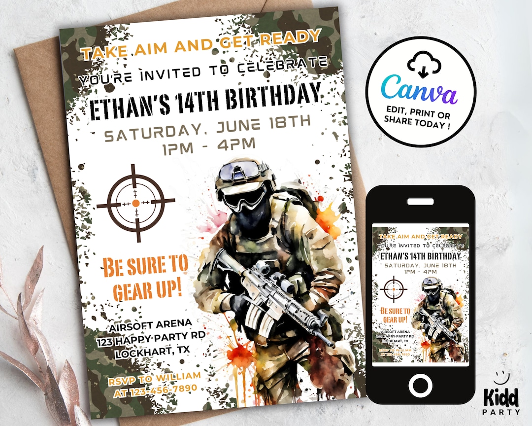 Editable Airsoft Party Invitation - Camo Military Flyer - Airsoft Game ...
