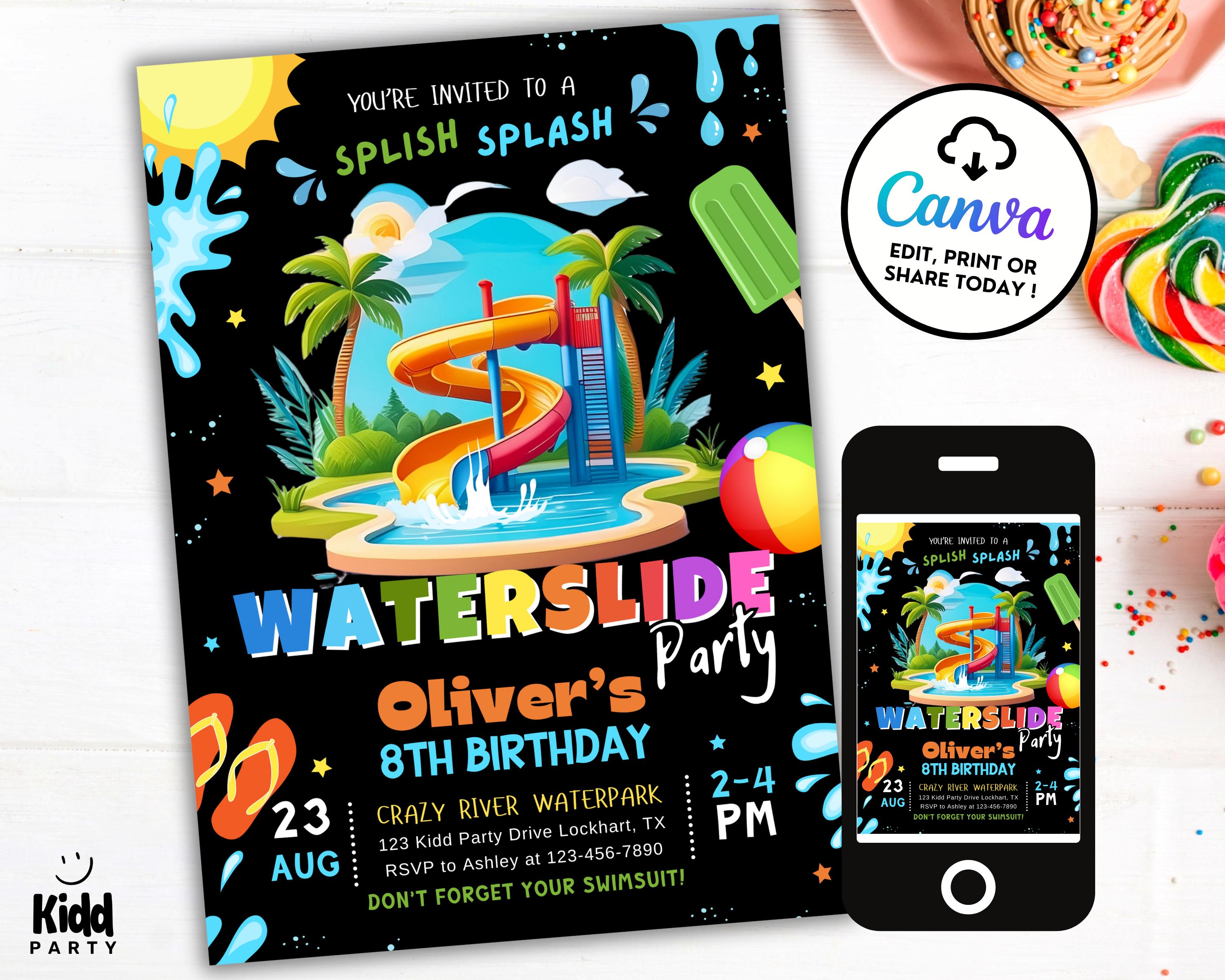 Editable Waterslide Birthday Invitation, Waterpark Party Invite, Summer ...