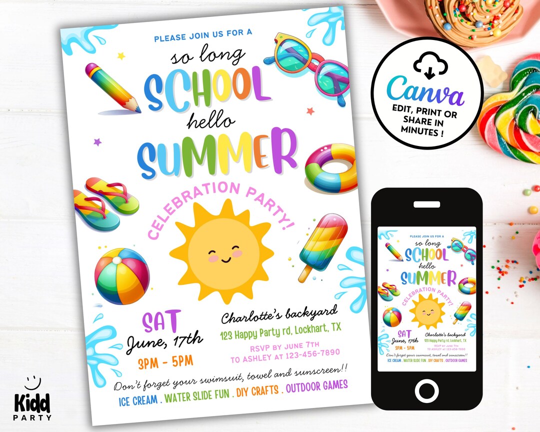 End of School Party Invitation, so Long School Hello Summer Invite ...