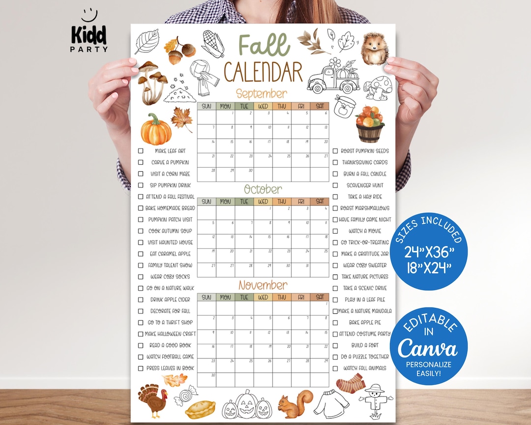 Editable Fall Calendar & Bucket List, Printable Autumn Activities ...
