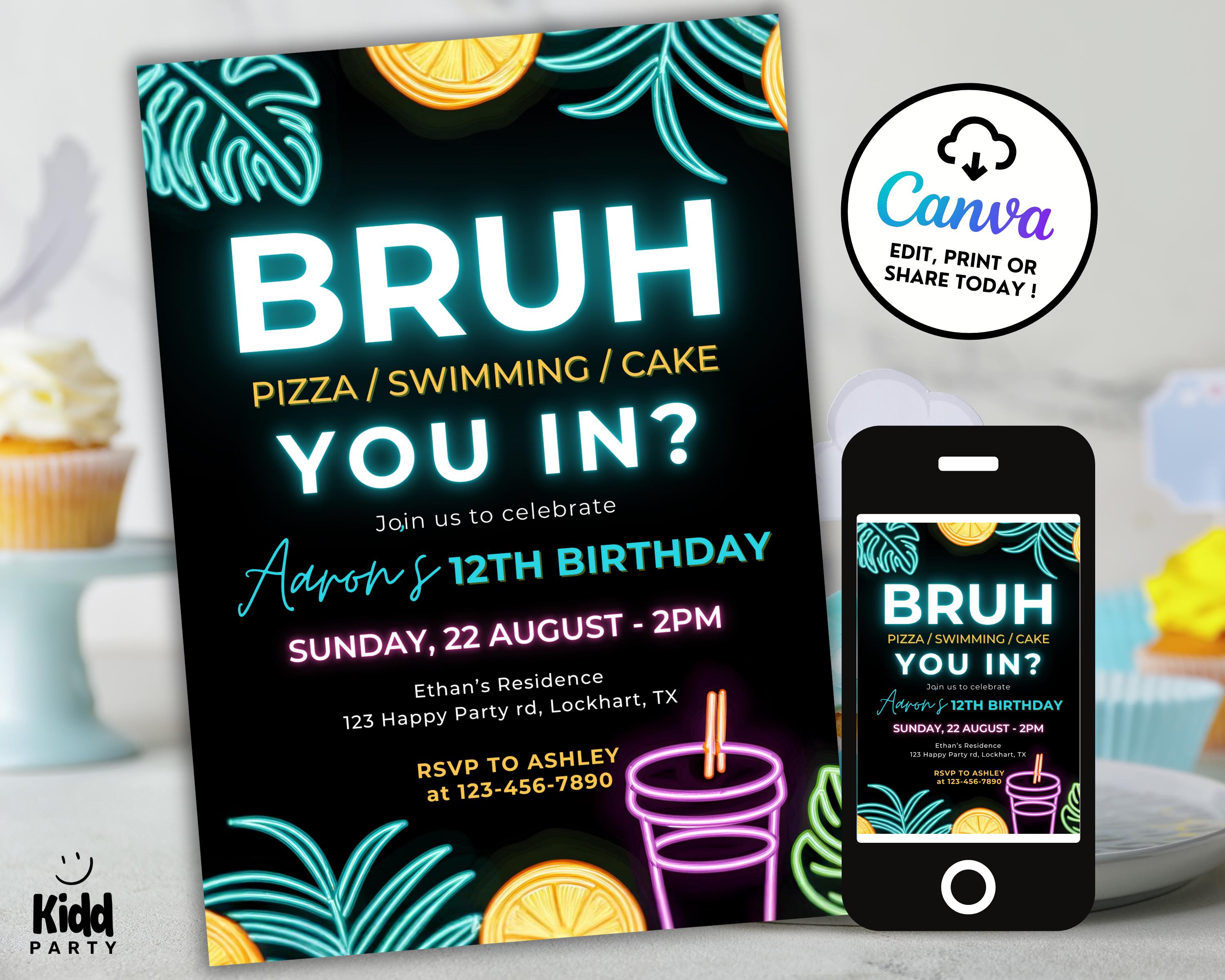 Bruh Neon Birthday Invitation, Boy Pool Party Invite, Bruh You in ...