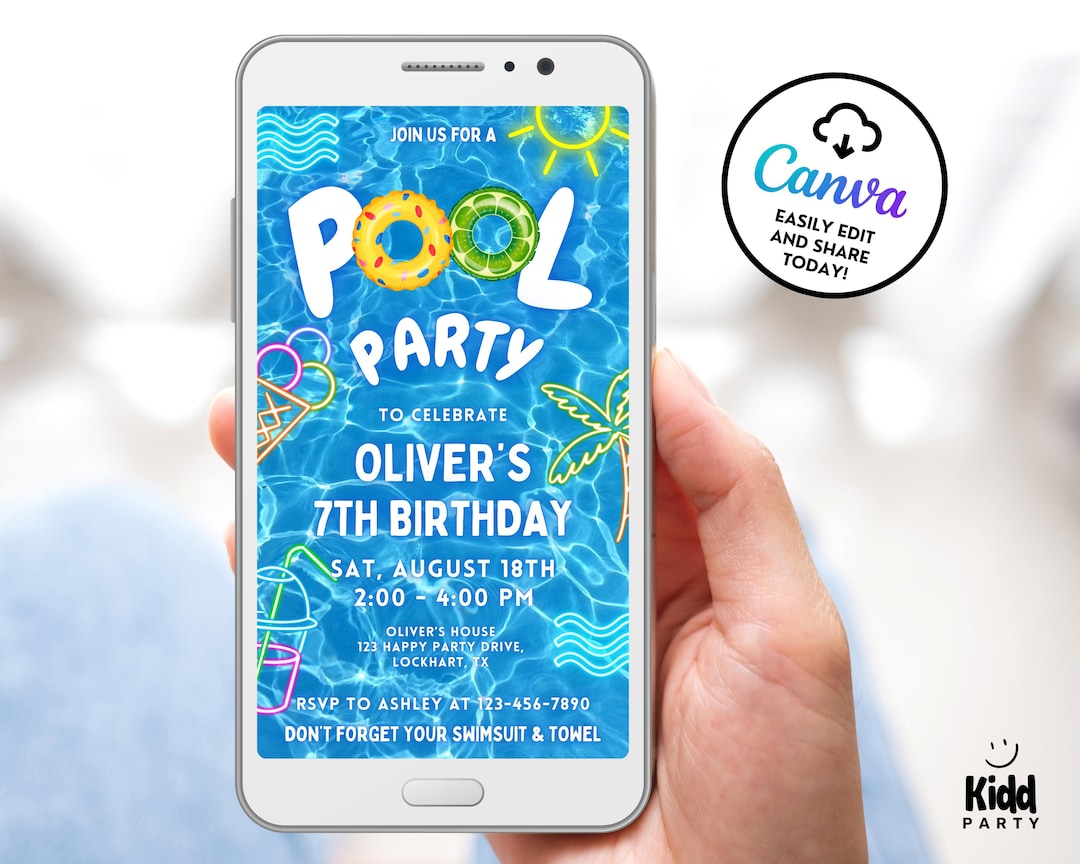 Editable Pool Party Birthday Evite, Neon Summer Pool Party Text ...