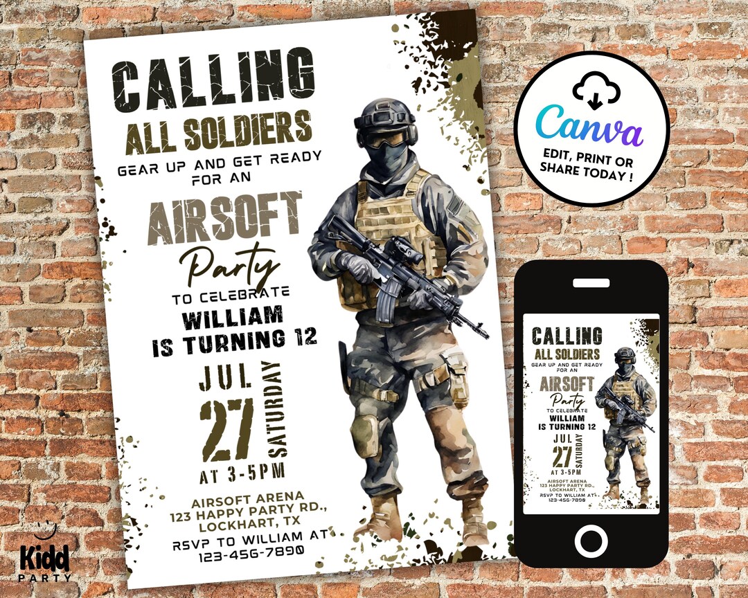 Airsoft Birthday Invitation, Calling All Soldiers Birthday Invite, Army ...