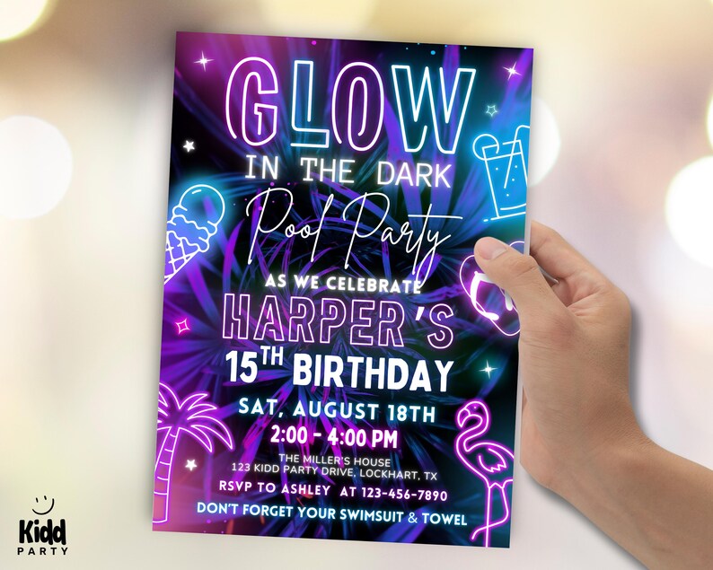 Glow in the Dark Pool Party Birthday Invitation, Glow Summer Party ...