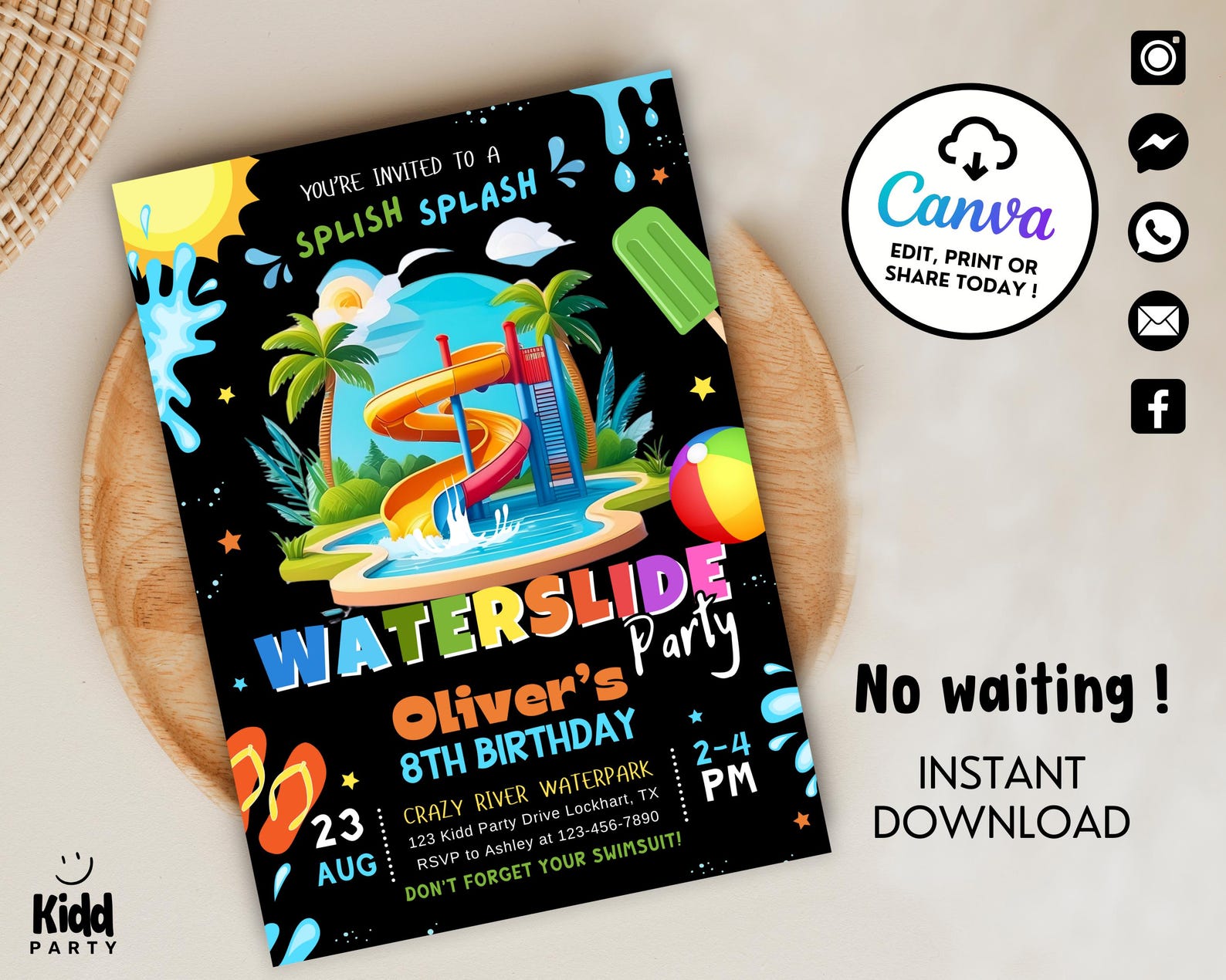 Editable Waterslide Birthday Invitation, Waterpark Party Invite, Summer ...