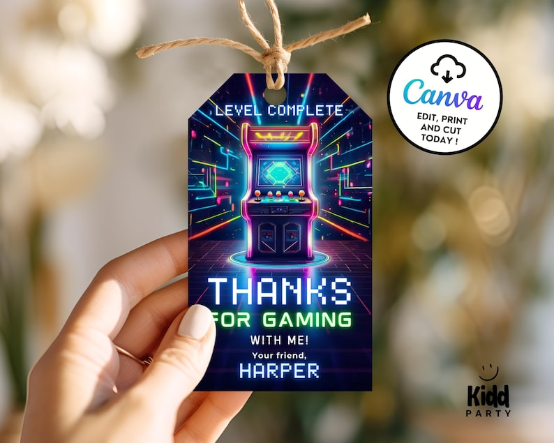 Editable Arcade Thank You Tag, Gaming Birthday Party Favor Tag, Arcade ...