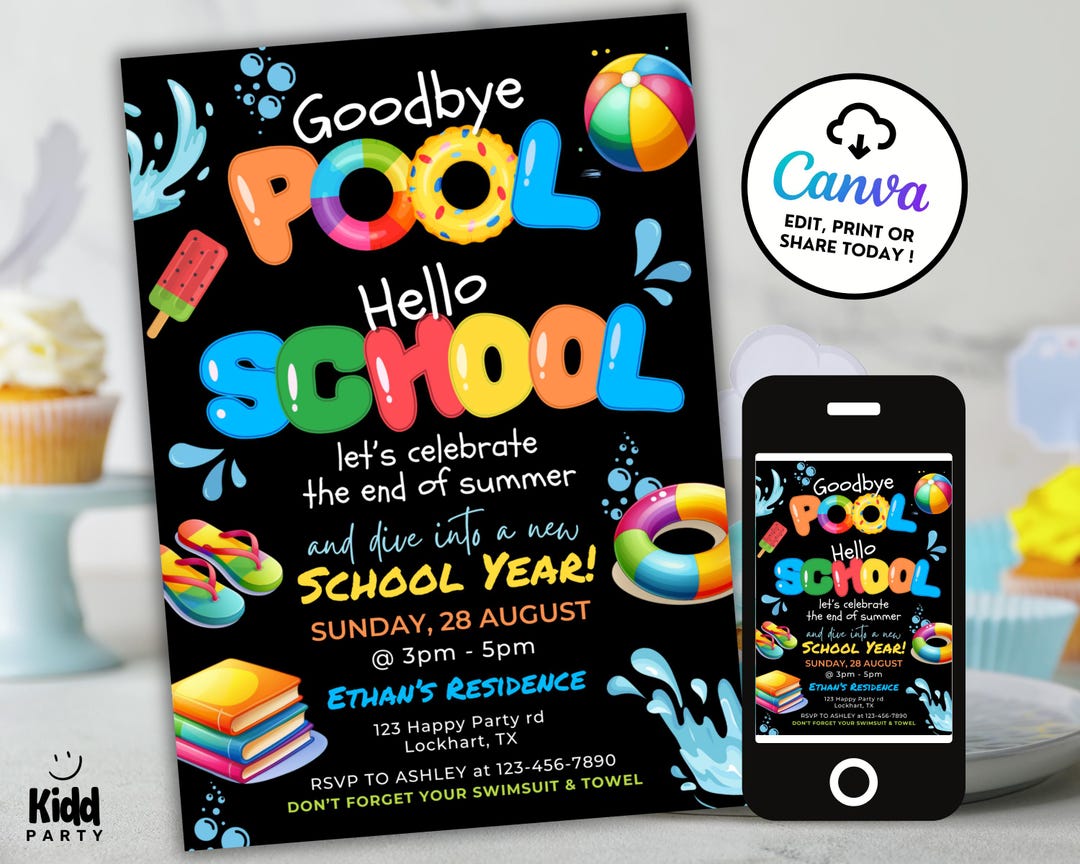 Goodbye Pool Hello School Invitation, Editable End of Summer Pool Party ...