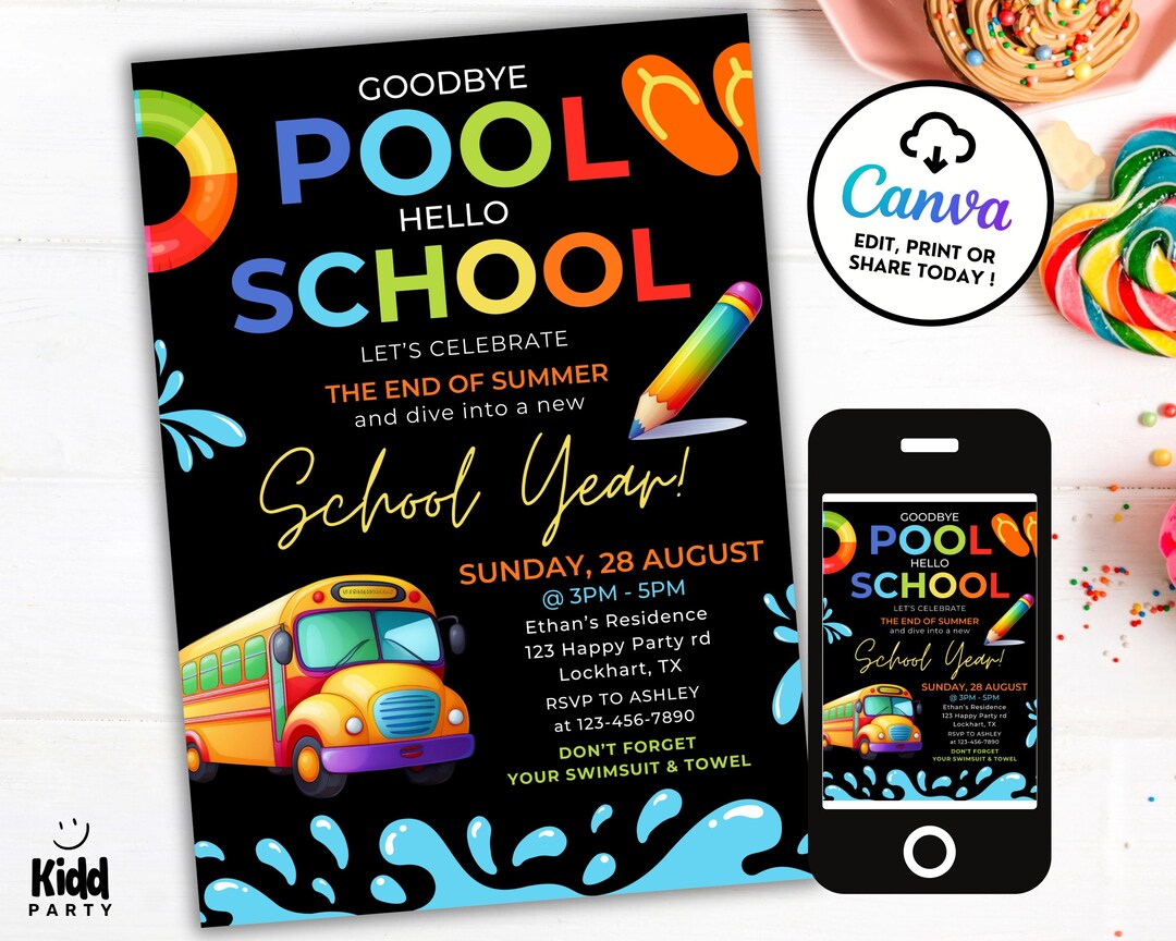 Goodbye Pool Hello School Invitation, Editable End of Summer Pool Party ...