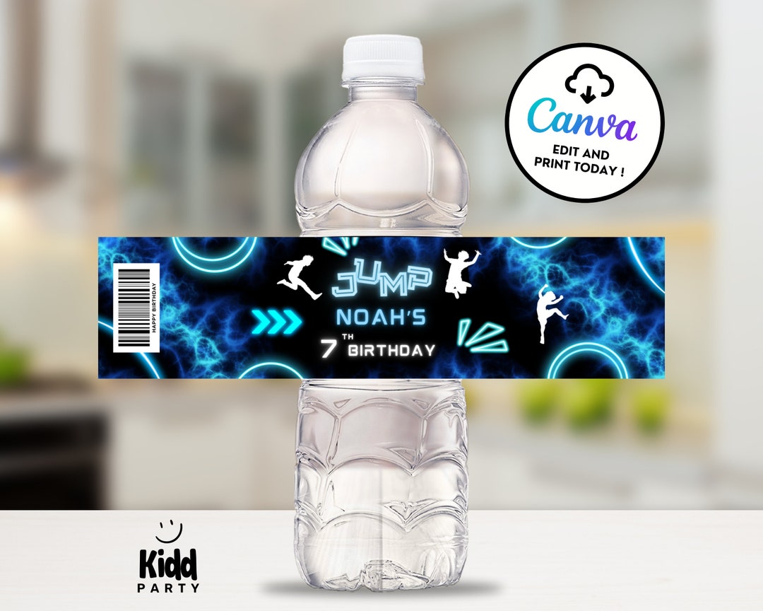 Editable Blue Neon Jump Bottle Label Template - Birthday Party Favor ...