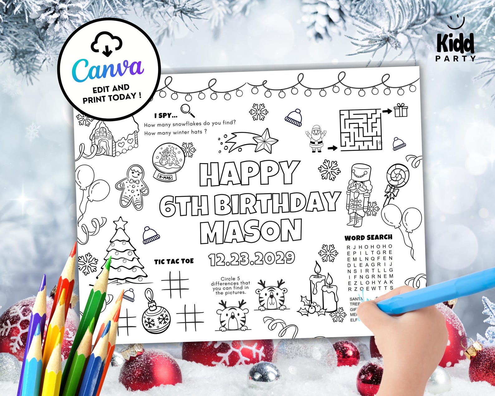 Editable Christmas Birthday Activity Mat, Birthday Placemat, Christmas ...