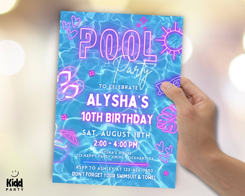Neon Pool Party Birthday Invitation, Pink Summer Pool Party, Tropical ...