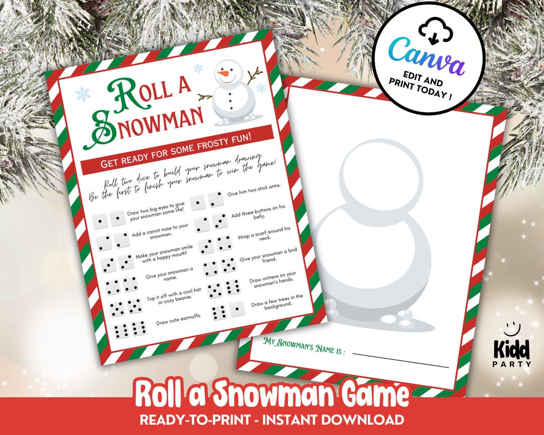 Christmas Roll A Snowman Game, Printable Christmas Party, Family ...