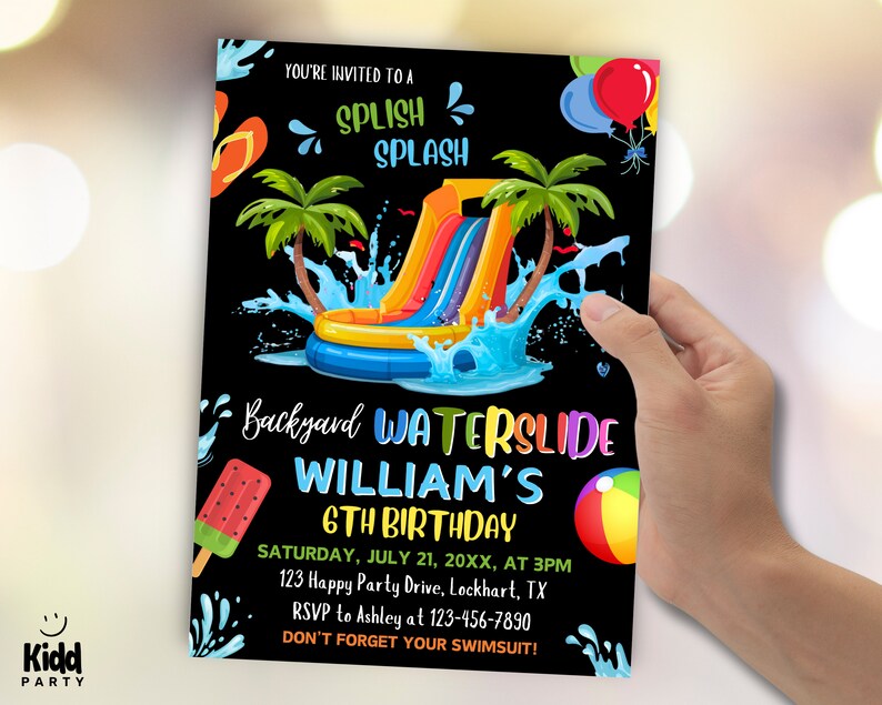 Editable Waterslide Birthday Invitation Summer Pool Party Splash ...